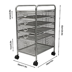 Rolling Carts with Wheels and Drawers, Metal Mesh 5 tier Rolling File Cart File Cabinet with Drawers Storage Cart, Silver