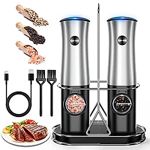 Electric Salt and Pepper Grinder Set Rechargeable, Automatic Salt and Pepper Grinder Set, Light up Salt and Pepper Shakers Set Adjustable Coarseness One Handed Opperation, Black(2 Pack)
