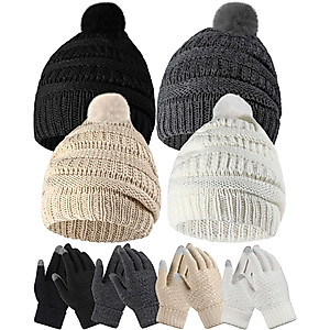 Suhine 8 Pcs Winter Beanie Hat and Gloves Set for Women Pompom Beanie Hat Fleece Lined Hats with Women Touchscreen Gloves, 4 Colors