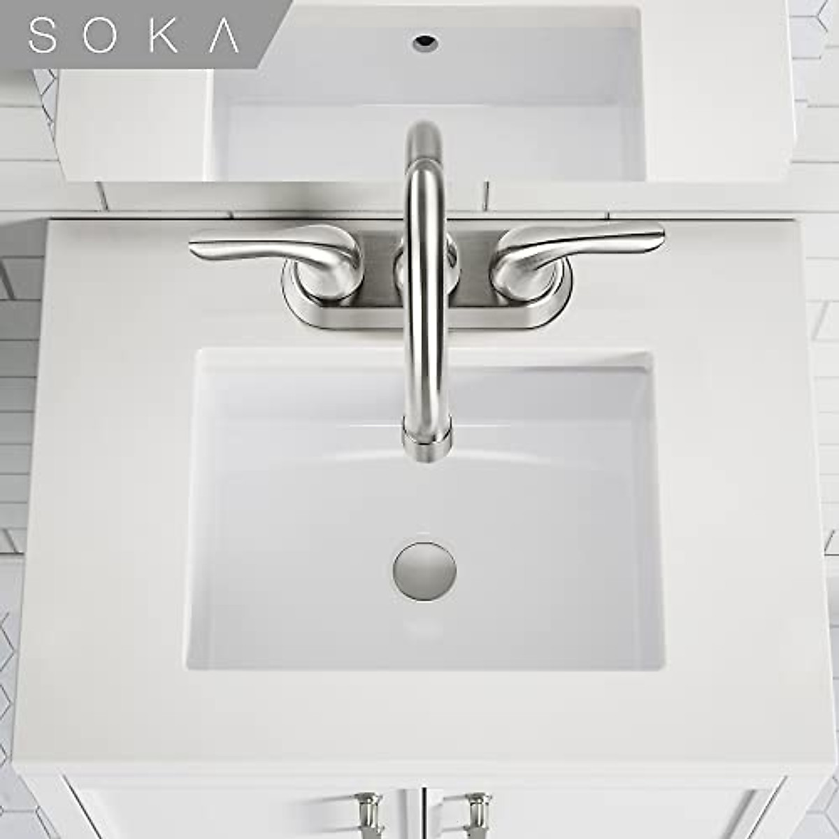 SOKA Centerset Bathroom Sink Faucet Two Handles High Arc 4" Lavatory Bath With Deck Plate & Pop-Up Drain Fit 3 Hole Installation, Brushed Nickel (SK18001NY)