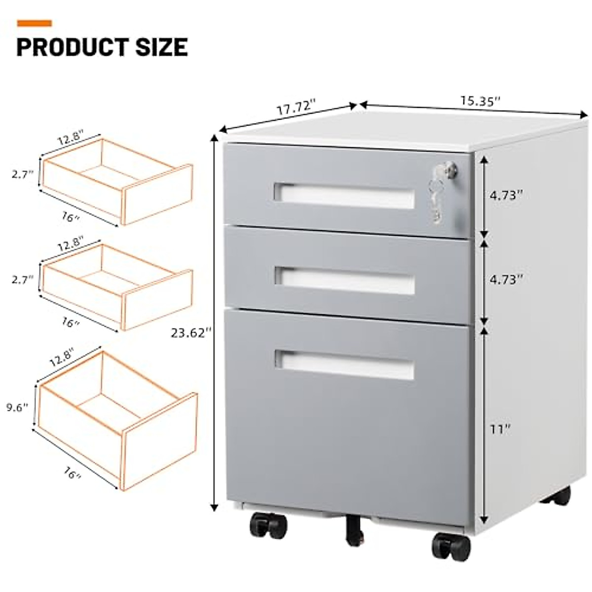 Godappe 3 Drawer Mobile File Cabinet, Metal Vertical Filing Cabinet with Lock Anti-tilt Design Rolling Filing Cabinet Under Desk File Cabinet fits Letter/Legal/A4 Size for Home Office(Grey)