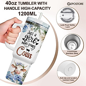 GEPOSTORE Christmas Gifts for Women Teens Girls, Just A Girl Who Loves Cow Tumbler 40oz with Handle, Cute Cow Travel Mug, Birthday Gifts for Farm Animal Lover