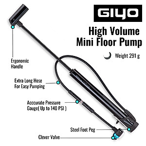 GIYO Bike Frame Floor Pump - Compact & Durable, Fast Tire Inflation for Road & MTB - Presta/Schrader, Max 140 psi - Small Pump with Gauge (GM631)