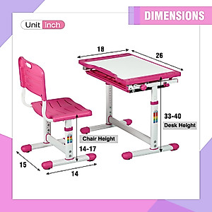 PayLessHere Kids Desk and Chair Set,Height Adjustable Study Desk for Kids with Pull Out Drawer Storage,Multi-function Study Desk and Chair for Writing, Reading and Drawing (Pink)