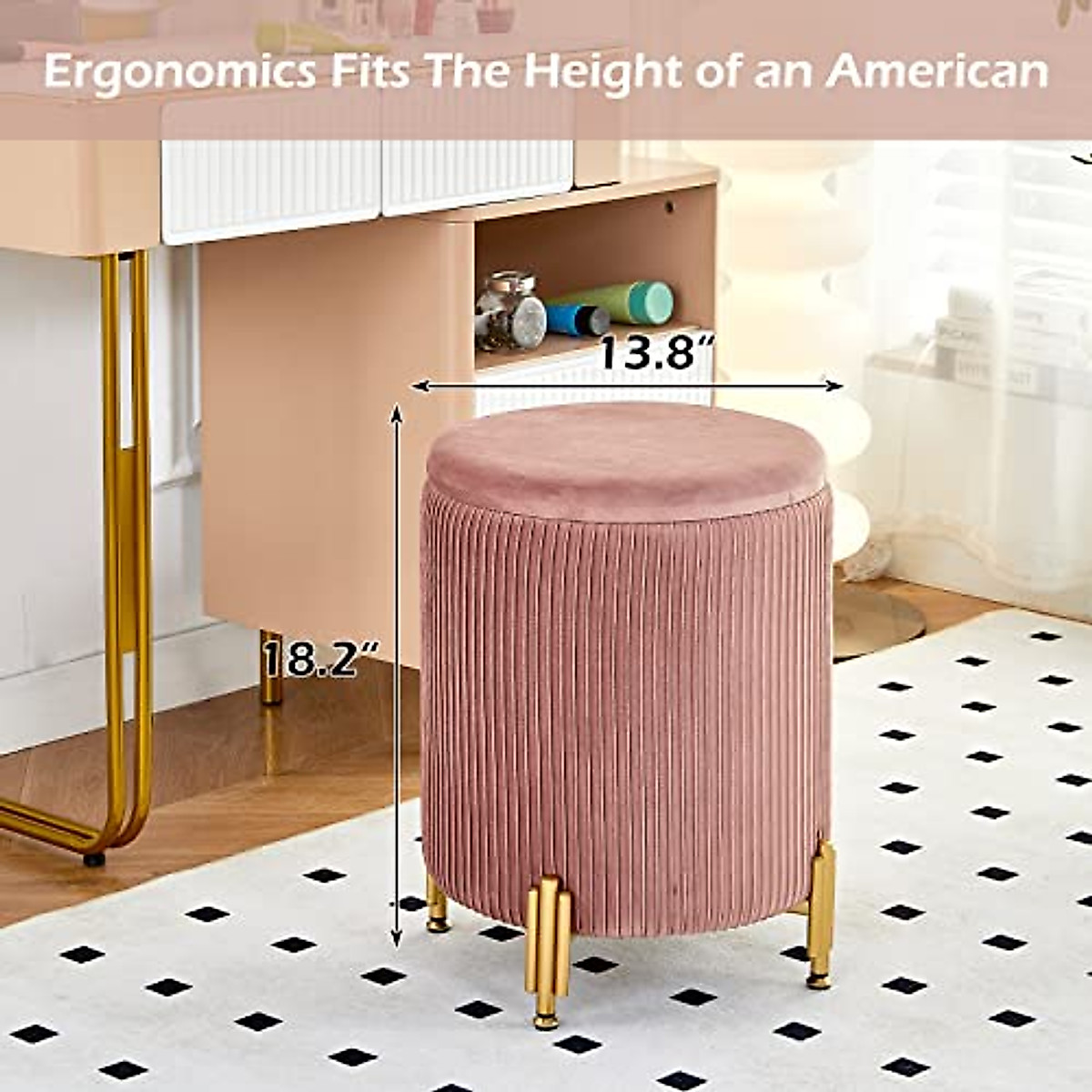 Mxfurhawa Round Ottoman Foot Stool with Storage and Metal Legs for Living Room Bedroom, Velvet Upholstered Footrest Stool Support 300lbs Modern Padded Seat Ottoman Coffee Table (Dusty Rose)