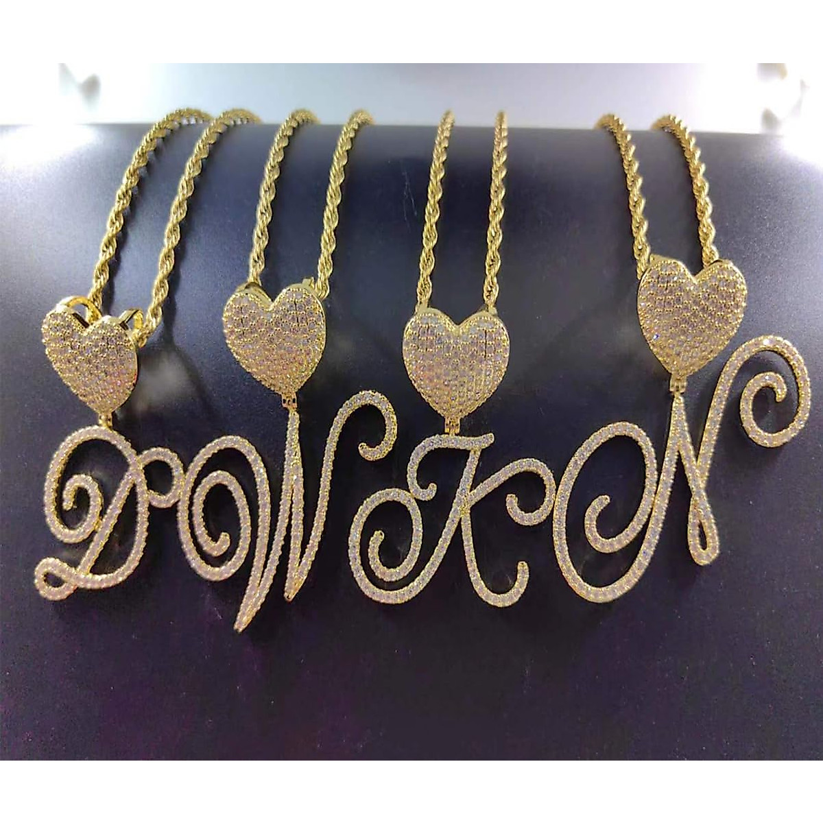 SXNK7 Cursive Initial Necklace for Women Men 18K Gold Plated A-Z Letters Pendant Necklace with Rope Chain Hip Hop Iced Out Heart Alphabet Necklace Jewelry Gifts (Gold D)