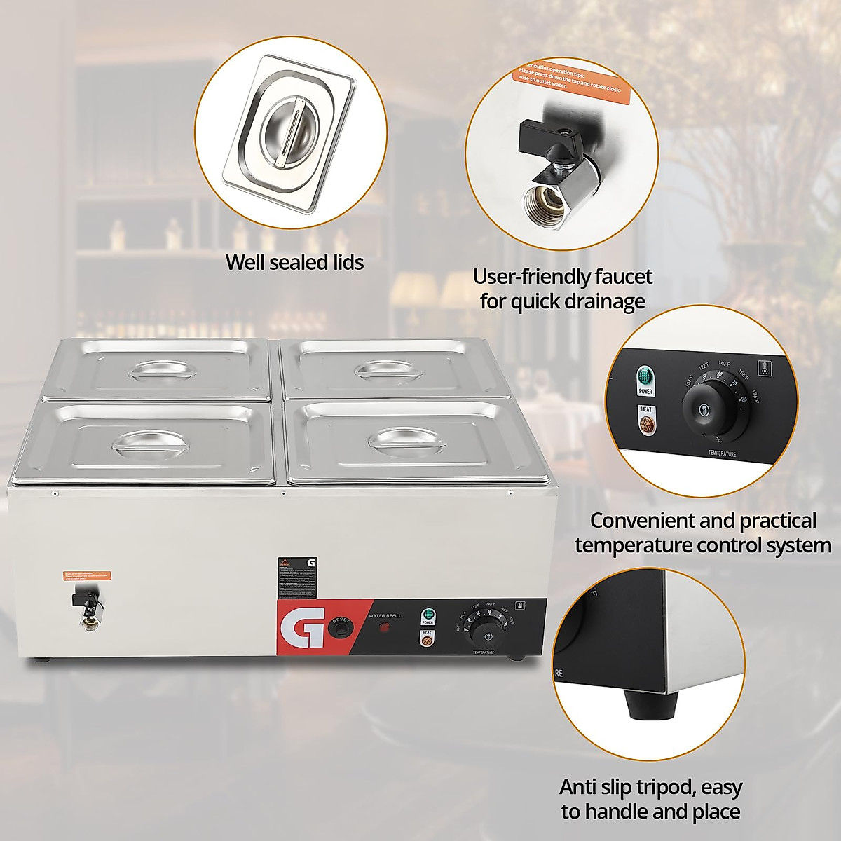 GarveeHome 4-Pan Commercial Food Warmer - 4 * 10.5QT Generous Capacity, 1200W Electric Steam Table, Stainless Steel, Efficient Heating, 86-185°F Temp Control for Catering and Restaurants