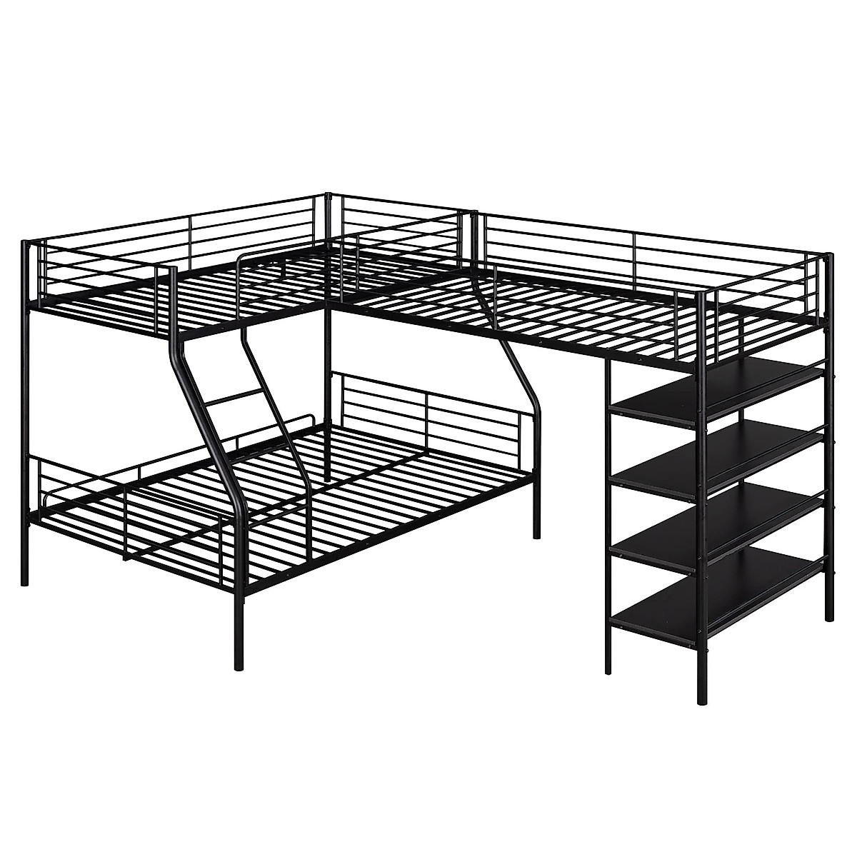 RORIGAT L-Shaped Twin Over Full Bunk Bed，Twin Size Loft Bed Full-Length Guard Rails，Triple Bunk Bed with Four Built-in Shelves and One Ladder for Bedroom, Dorm, Boys, Girls, Adults,Black
