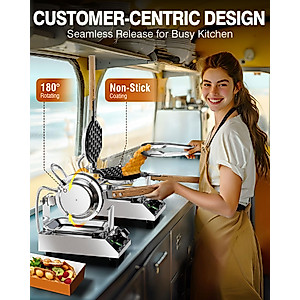 PYY Bubble Waffle Maker - Commercial Egg Puff Waffle Iron Machine, 1500W 122-482℉ Electric Stainless Steel Hong Kong, 30 Egg Cones | 180° Rotating| Black Non-stick Coating | Crumb Tray | Wooden Handle