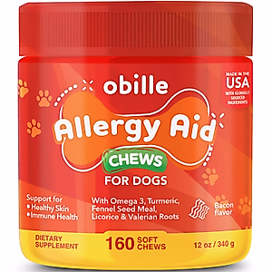 Obille Allergy Aid for Dogs 160 Chews 12 oz – Relieves Itchy Skin, Healthy Coat, Safe Natural Ingredients, Antioxidant Immunity Booster with Omega3 & Turmeric