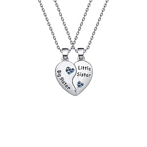 BAUNA Matching Big Sis Little Sis Heart Necklace Set Sister Necklace for 2 Gift for Sister Family Best Friends (Sister Necklace Set)
