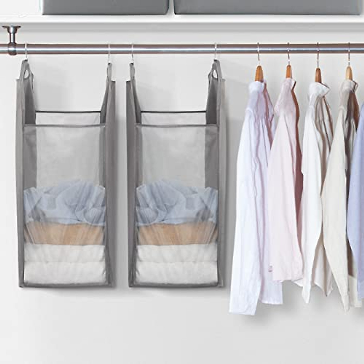 STORAGE MANIAC 2-Pack Hanging Laundry Hamper, Front See-Through Mesh Bag, Slim Basket, Double Hanging Closet Hamper, Narrow Organizer, Grey