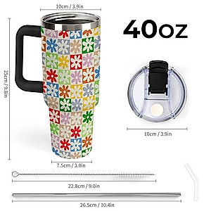 KPLBNAS Colorful Bold Aesthetic Checkered Flower Pattern 40 Oz Tumbler with Handle And Straw Lid, Insulated Reusable Stainless Steel Travel Mug Travel Mug for Hot And Cold Stainless Steel Vacuum Mug