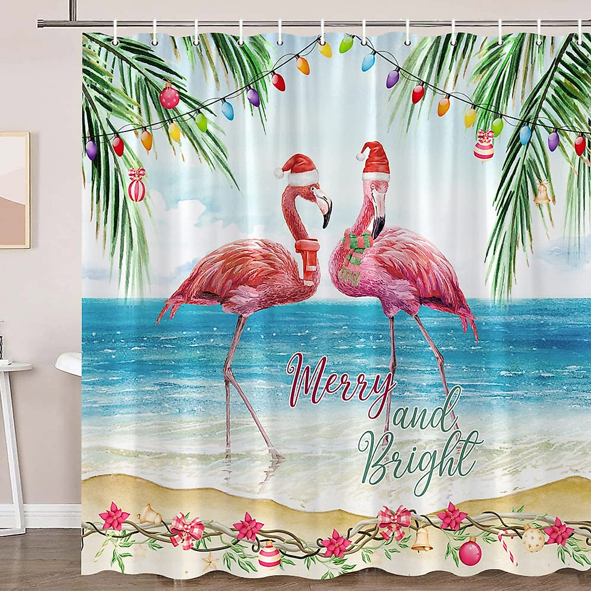 XHCEOH Christmas Pink Flamingo Shower Curtain Tropical Beach Funny Xmas Hat New Year Holiday Home Farmhouse Bathroom Decor Curtains Fabric Set with Hooks, 70Wx70H inch