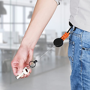 AOMIG 2 Pack Retractable Keychain, Heavy Duty Retractable Badge Holder Reel, Retractable ID Badge Clip Reel with Steel Cable and Carabiner Clip, Badge Reel Carabiner Key Chain（Black&Orange）