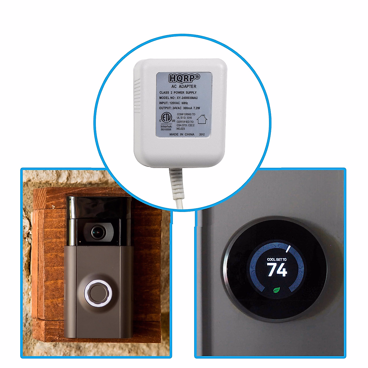 HQRP C Wire Adapter 24V AC Transformer Compatible with Ecobee Nest Honeywell Emerson Ecobee4 Smart WiFi Thermostat, 25ft Cable, White, ETL Listed