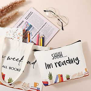 Sieral 2 Pcs Book Lovers Gifts Bookshelf Tote Bag Makeup Reading Canvas Bag Reusable Book Tote Bag Cosmetic Pencil Cases School Bag Gift with Metal Zipper Bookish Librarian Gifts for Women Teacher