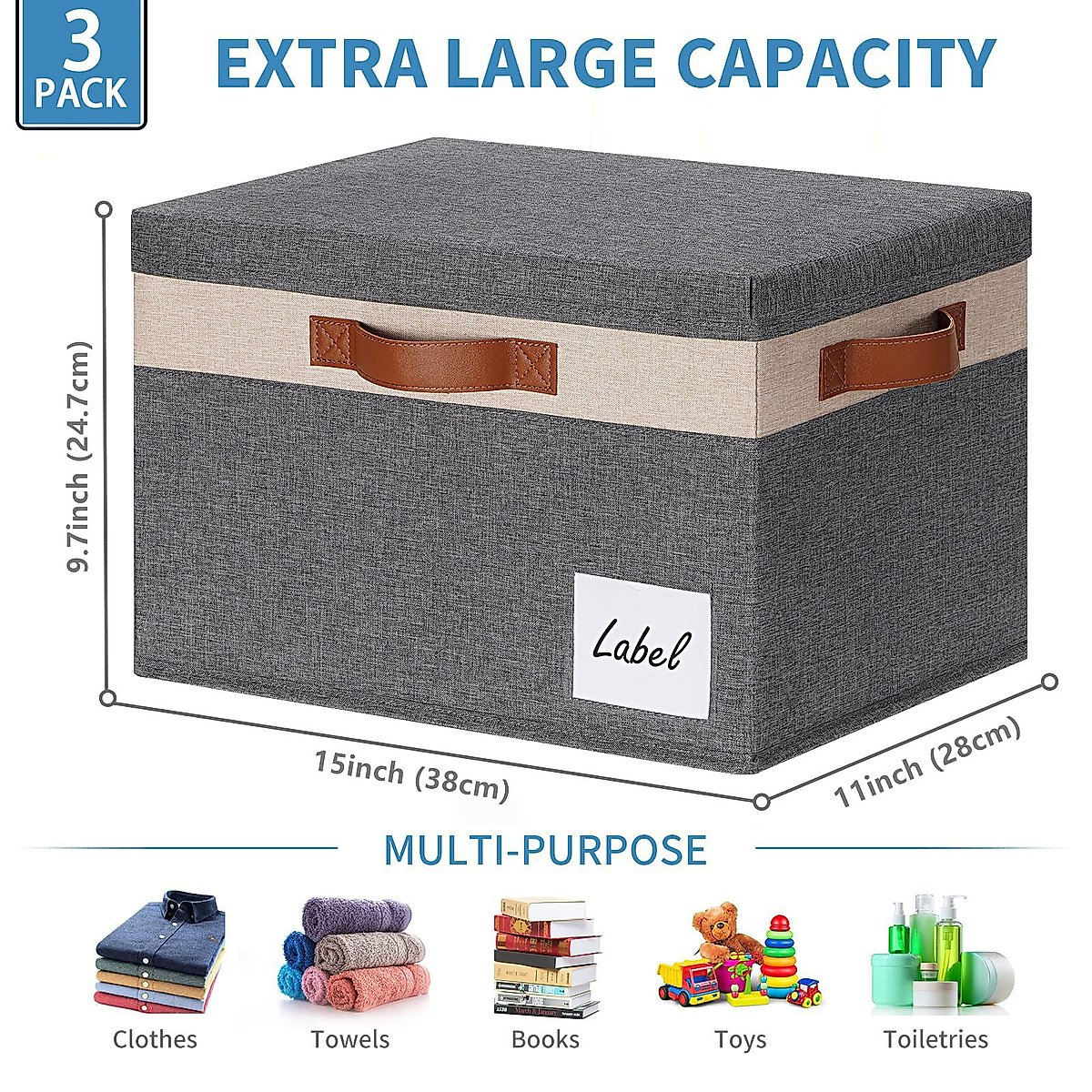 GhvyenntteS Large Storage Bins with Lids (3-Pack) Large Closet Storage Bin with Lid and 3 PU Handles, Foldable Storage Baskets for Shelves with Label Window for Home (Beige, 15" x 11" x 9.7")