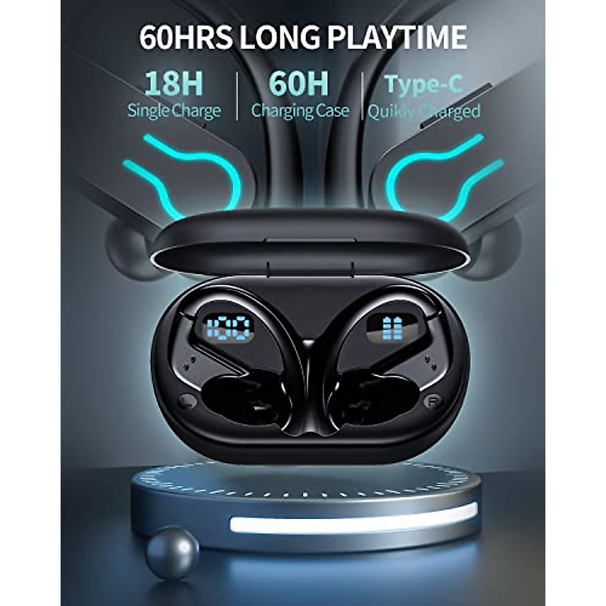 FBJJ Wireless Earbuds Bluetooth 5.3 Headphones, Over-Ear Sport Ear Buds with Earhooks 60H Playtime, Noise Cancelling Waterproof Wireless Workout Earphones with Dual LED Display, for Sports Exercise