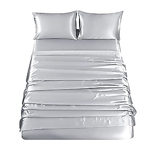 Sfoothome Silver Satin Bed Sheet Set, Satin Sheets Queen Size, Deep Pocket Silky Satin Sheet Set with 1 Fitted Sheet, 1 Flat Sheet and 2 Pillow Cases- Wrinkle, Fade, Stain Resistant- 4 Piece