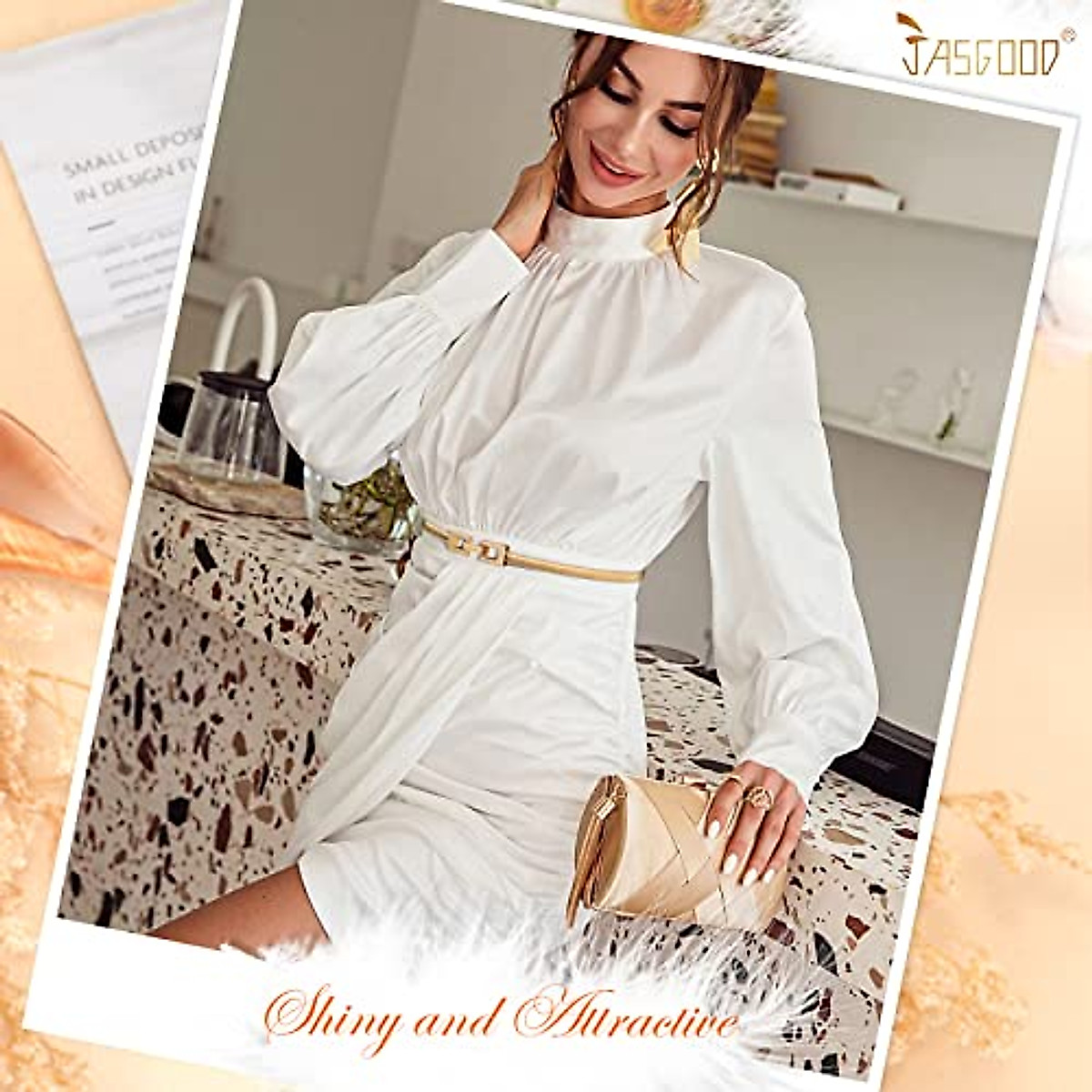 JASGOOD Women Skinny Metal Waist Belt Gold Waistband Elastic Metal Chain Waist Belt for Dress