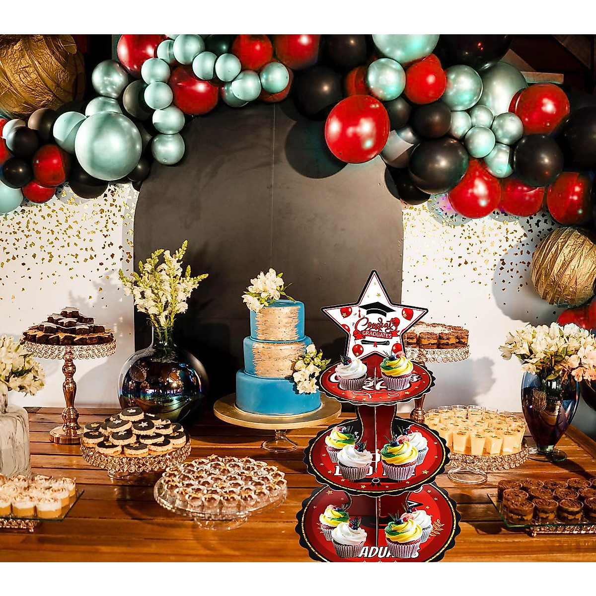ALIBBON Graduation Cupcake Stand, 3 Tier Round Cardboard Cake Stand Tower, Class of 2023 Red Dessert Stand Holder, Graduation Cupcake Serving Tray, Congrats Grad Graduation Party Supplies Decoration