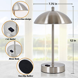 Modern Desk Lamp with AC Adapter,12" 3-Way Dimmable Touch Bedside Reading Lamp, Minimalist Silver Small Nightstand Table Lamp with Mushroom Dome Shade for Bedroom Living Room Office, LED Bulb Included