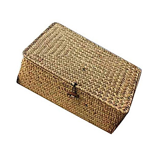 TOPBATHY Rattan Storage Basket Handwoven Storage Basket with Lid Rectangular Home Organizer Bin for Cosmetic Wedding Bedroom Living Room(7.9 X 5.1X3.1inch/20 x 8 x 13cm)