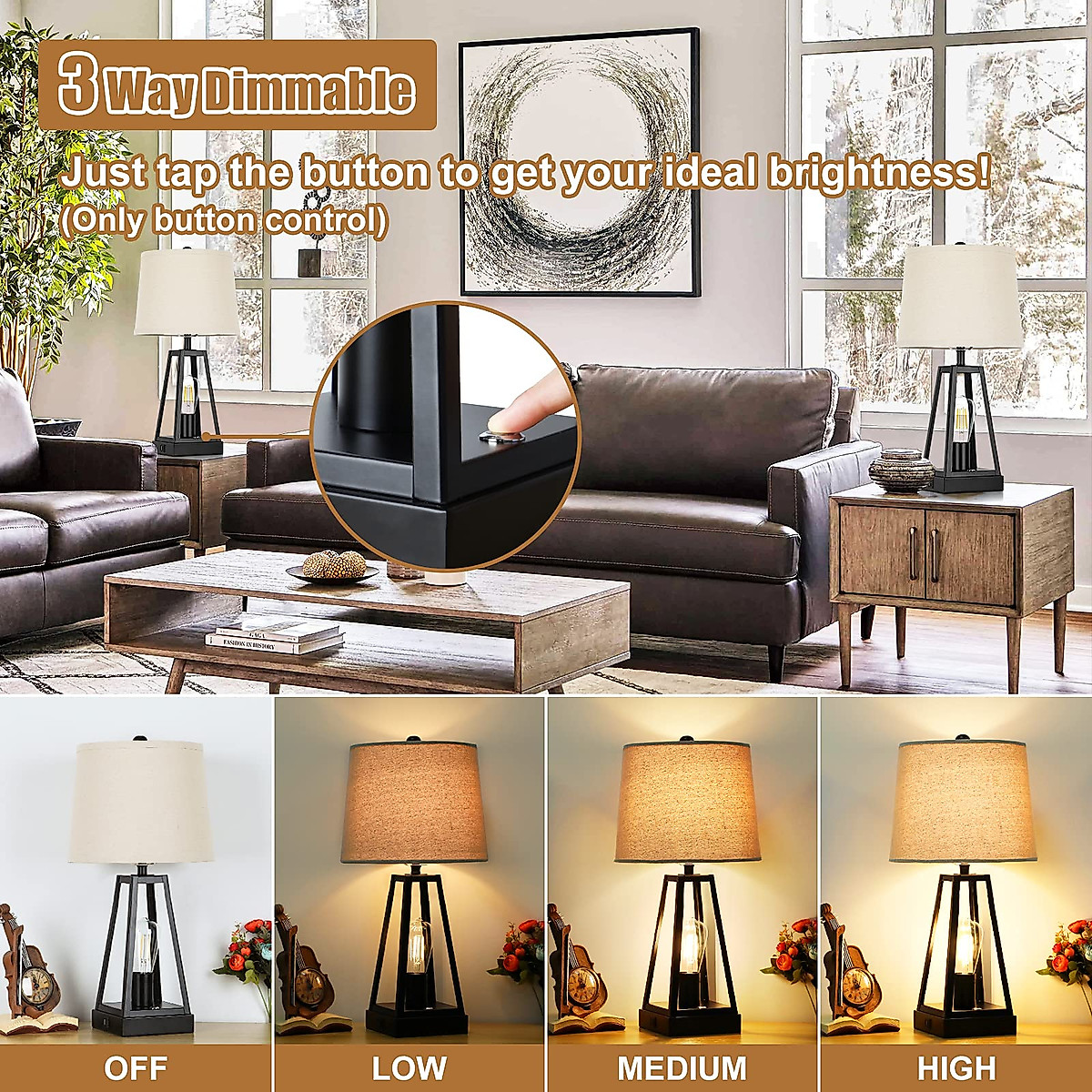 Set of 2 Farmhouse Touch Table Lamps with USB Ports, 3-Way Dimmable Bedside Nightstand Lamps, 2 Light Rustic Industrial Table Lamps for Living Room Bedrooms Reading Room, Rotary Switch, Bulbs Included