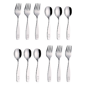 ANNOVA Kids Silverware 12 Pieces Children's Safe Flatware Set Stainless Steel - 6 x Safe Forks, 6 x Children Dinner Spoons, Toddler Utensils, Metal Cutlery Set for LunchBox (Engraved Dog Bunny) (12FS)