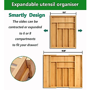 XYMiJiaLe bamboo expandable drawer organizer, bamboo drawer organizer, kitchen drawer organizer, cutlery tray, silverware organizer (6-8 slots) for kitchen, silverware, cutlery and makeup drawers.
