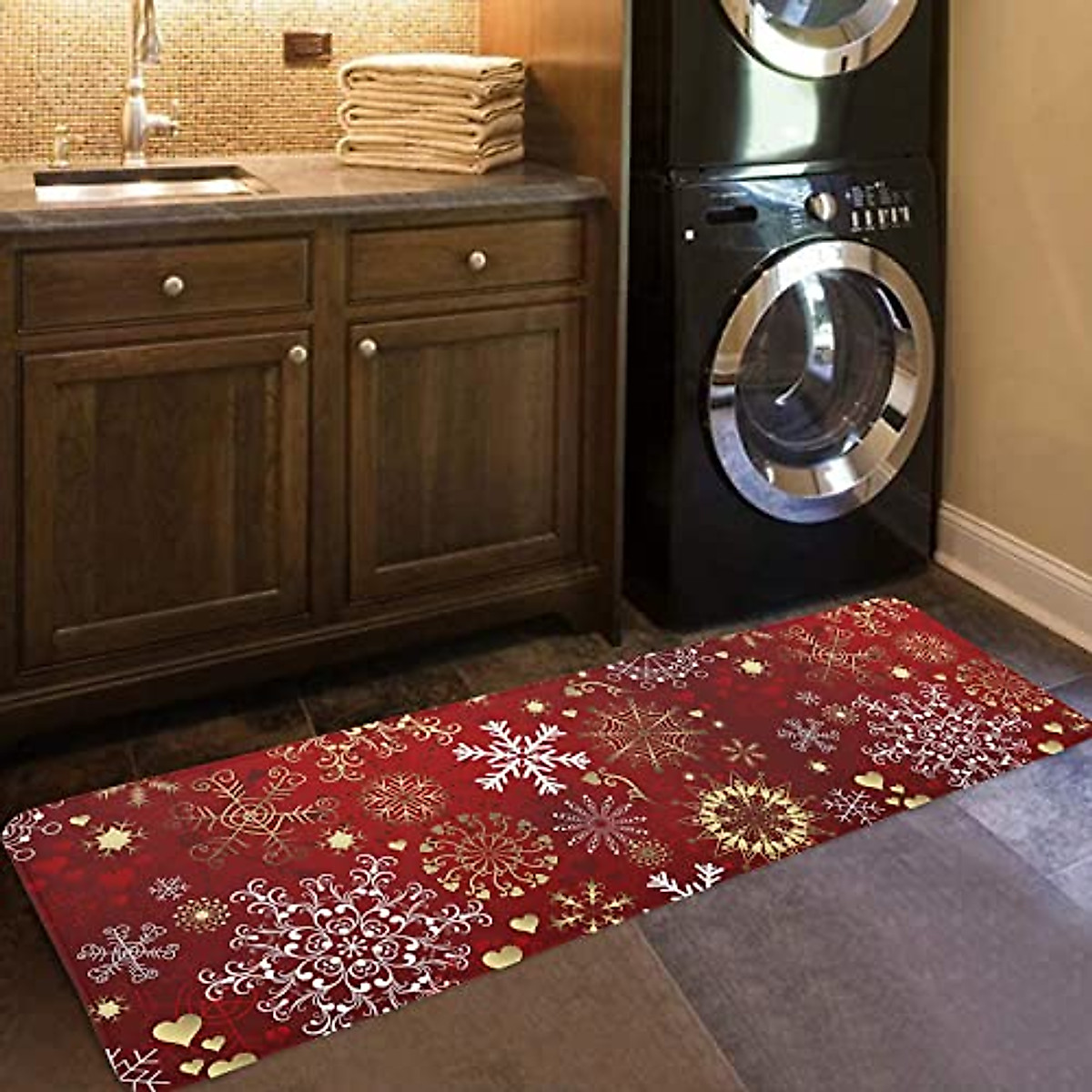 Libaoge Kitchen Mat Rug 1 PCS Christmas Golden Snowflake Red Runner Rug Anti-Fatigue Comfort Memory Foam Standing Mat Non-Slip Floor Door Mat for Bathroom Bedroom 24x71in