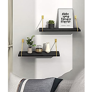 Gronda Black Floating Shelves Set of 2, Black Gold Wall Shelves Minimalist Modern Wall Decor Wooden Bookshelves Trophy Display Storage Plants Floating Shelves Wall Mount Living Room Bedroom Bathroom