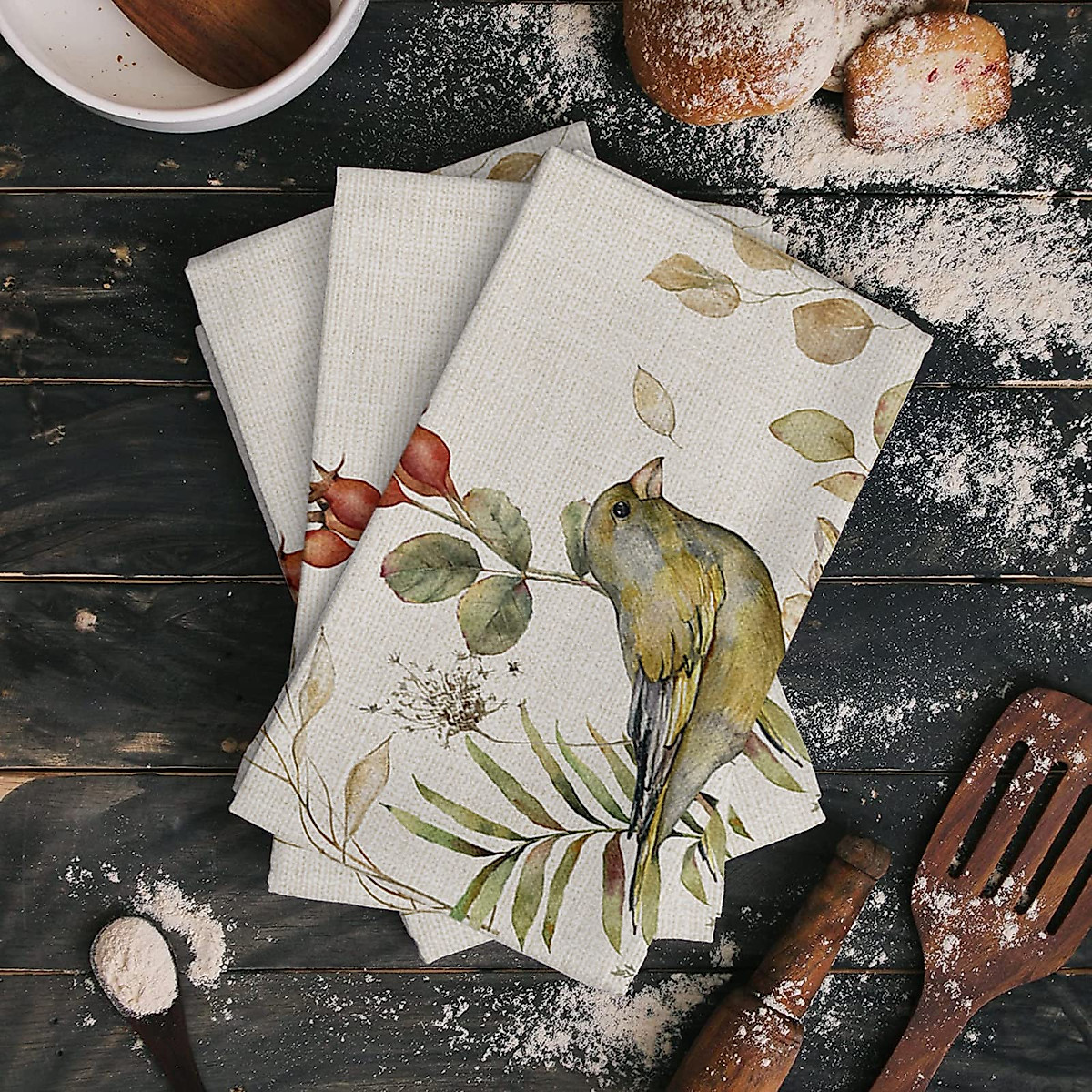 1 PCS Fall Birds Eucalyptus Kitchen Towels 18"x28" Absorbent Cleaning Cloths for Drying Dish,Reusable Kitchen Soft Terry Hand Tower Vintage Rustic Farmhouse Leaves Sunflower Washable Dish Towel