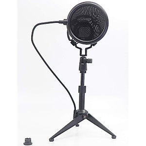 Desktop Microphone Tripod Suspension Stand with Shock Mount Anti-Vibration Mic Holder and 4" Round Mask Shield Double-Net Wind Screen Pop Filter (Large, Black)