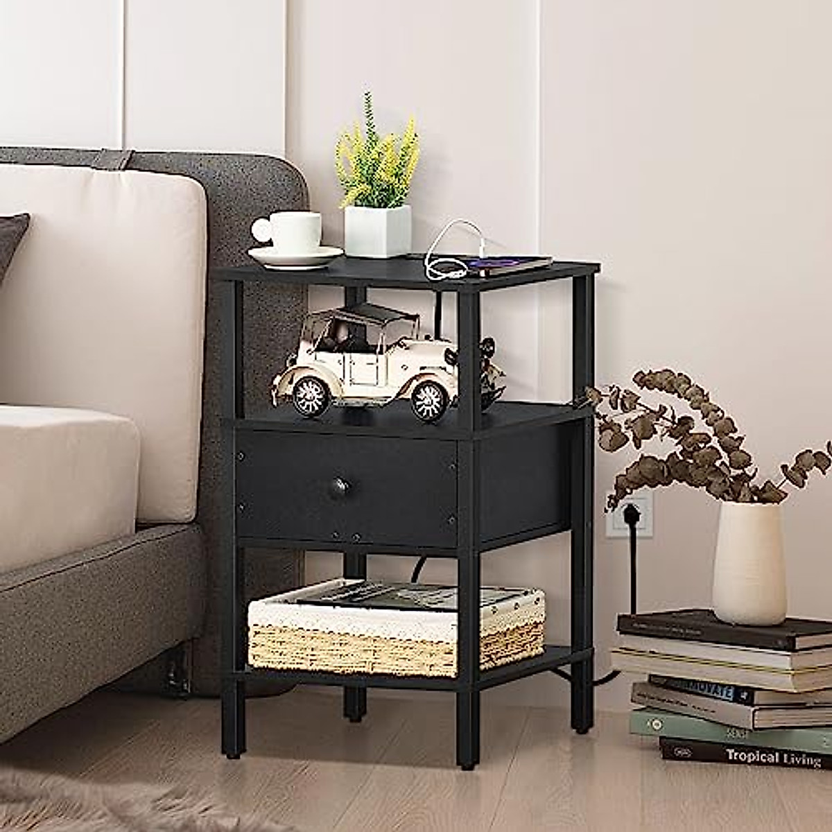 Lerliuo Nightstand with Charging Station and USB Ports, 3-Tier Storage End Table with Drawer Shelf, Night Stand for Small Spaces, Wood Bedside Table for Living Room, Bedroom - Classic Black