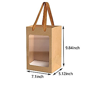12 Pcs Brown Paper Gift Bags with Transparent Window, 9.84"x7.0"x5.12" Kraft Shopping Bags with Handles for Present, Festivals Party