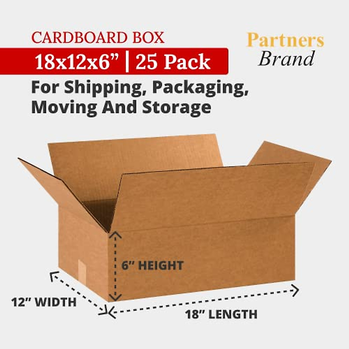 Partners Brand 18x12x6 Corrugated Cardboard Boxes, 18"L x 12"W x 6"H, Pack of 25 | Shipping, Packaging, Moving, Storage Box for Business, Strong Wholesale Bulk Boxes 18x12x6 18126