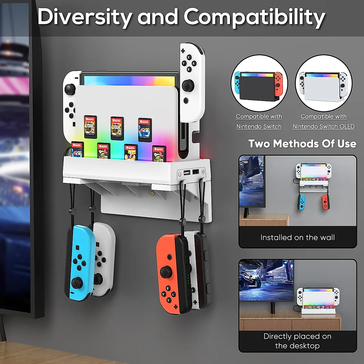 Switch Wall Mount for Nintendo Switch and Switch OLED,Games Console Wall Shelf with Light,Station Stand Holder for Charging Dock,7 Game Card Slots,4 Controller Accessories Kit Storage for Joy Con