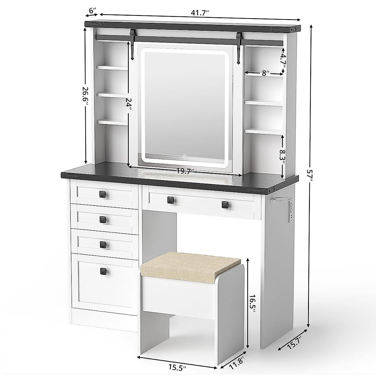 VOWNER Farmhouse Makeup Vanity Desk with Sliding Lighted Mirror & Power Outlet, Vanity Table Set with Hidden Shelves & 5 Drawers & Storage Stool for Bedroom