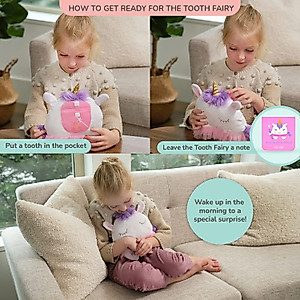 Tickle & Main 3-Piece Unicorn Tooth Fairy Pillow for Girls Ages 5-10 with Pocket, Notepad & Photo Pouch - Tooth Fairy Kit - Toothfairy Pillow for Girls