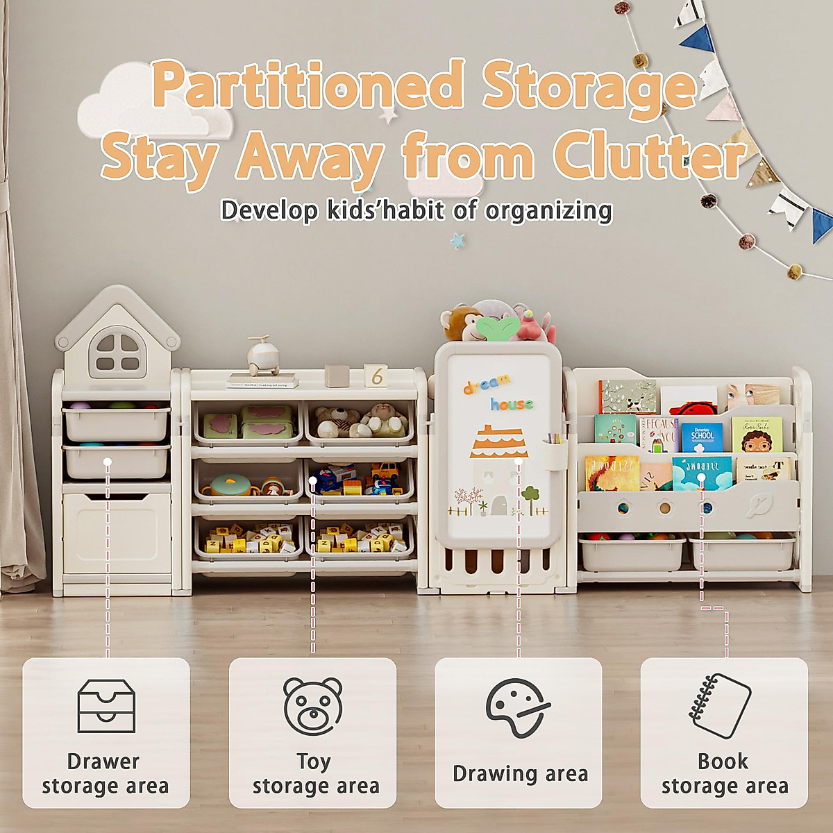 Kids Toy Storage Organizer with 10 Removable Bins, Foldable Toy Organizers and Storage with 3-Tier Bookshelf for Kids Toy Storage Organizer with Drawing Board, Extra 3 Brushes (4 In 1 Off-white)