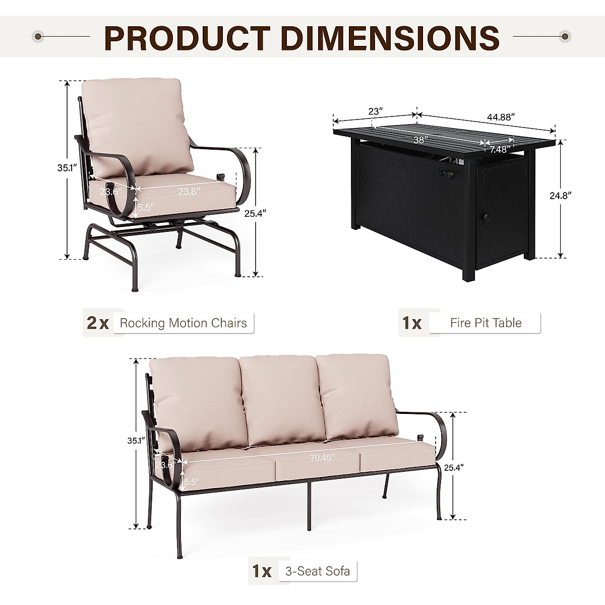 GREEN PARTY 4-Pieces Patio Furniture Set, Outdoor Metal Patio Conversation Set with Fire Pit Table, Patio Sofa with Cushions, Beige