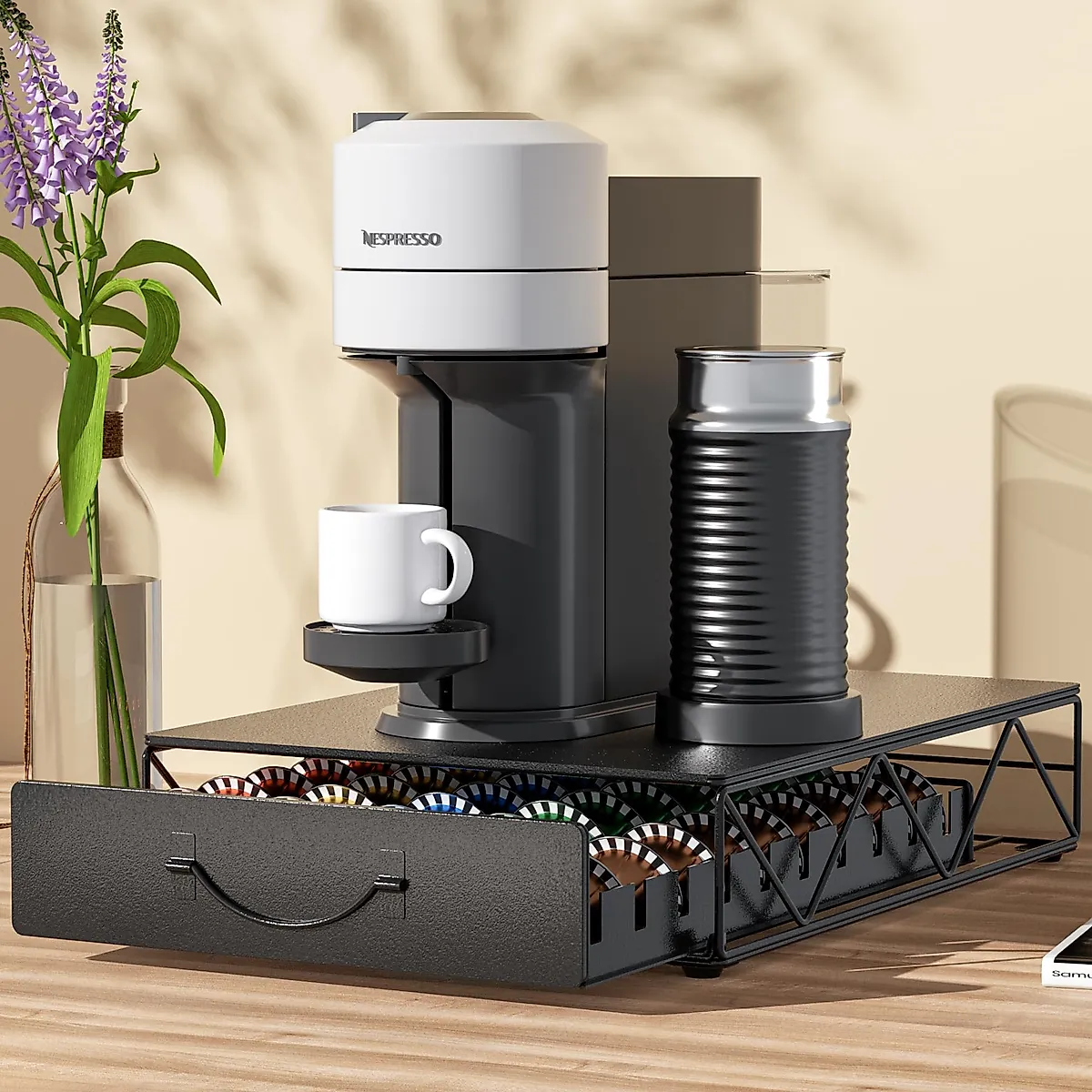 HFHOME Coffee Pod Holder Compatible with 50 VertuoLine, Coffee Capsules Drawer for 40 K Cup, Metal Pod Storage Drawer Organizer for Vertuo Capsules for Home Office Counter