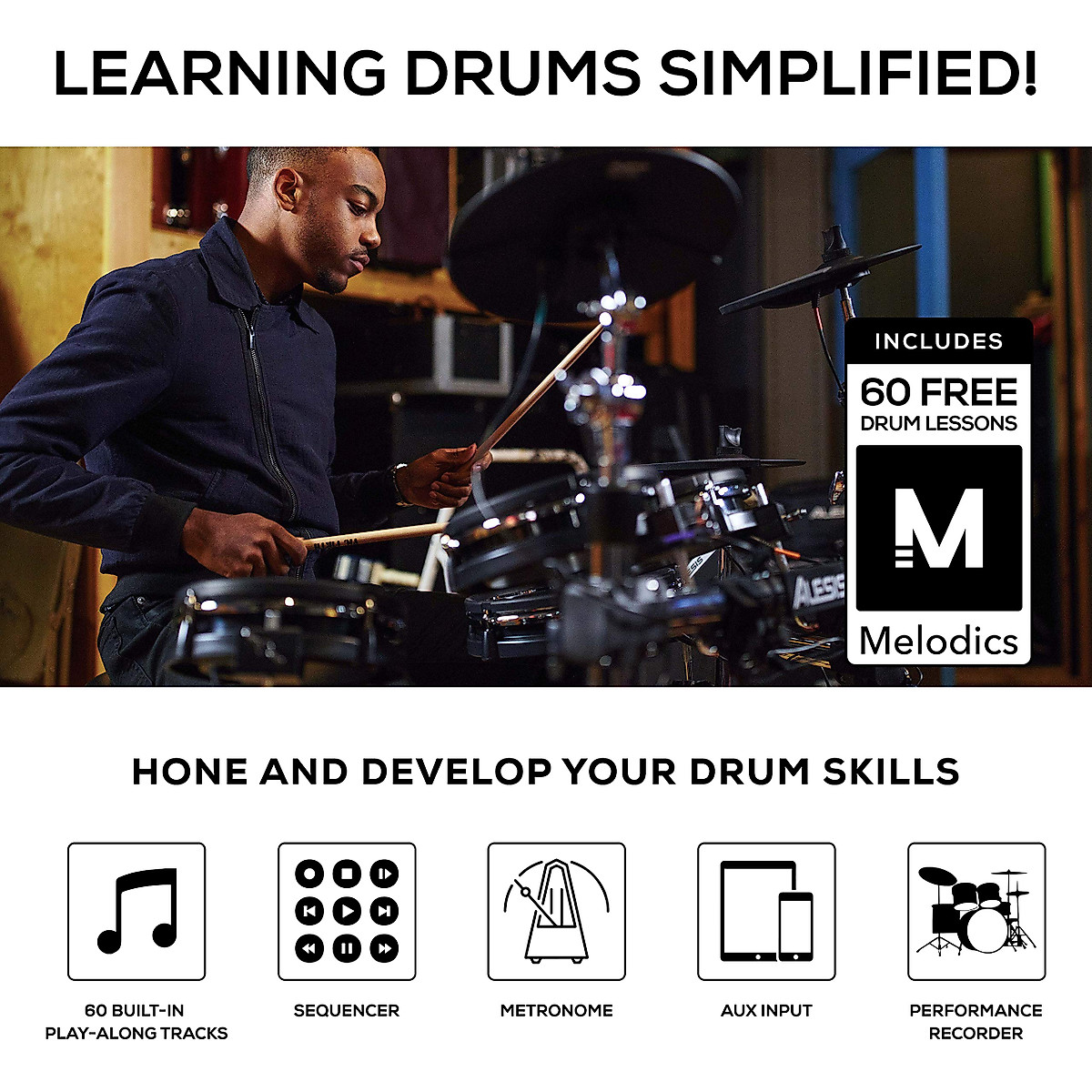 Alesis Drums Command Mesh Kit Bundle – Electric Drum Set With an Eight-Piece Mesh Electronic Drum Kit, Drum Throne, Headphones and Drum Sticks