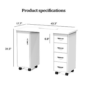mefeir Manicure Table Nail Desk w/Cabinet, Drawers, Wheels & Wrist Rest, Spa Salon Beauty Home Wooden Technician Workstation Nail Art Equipment for Nail Tech