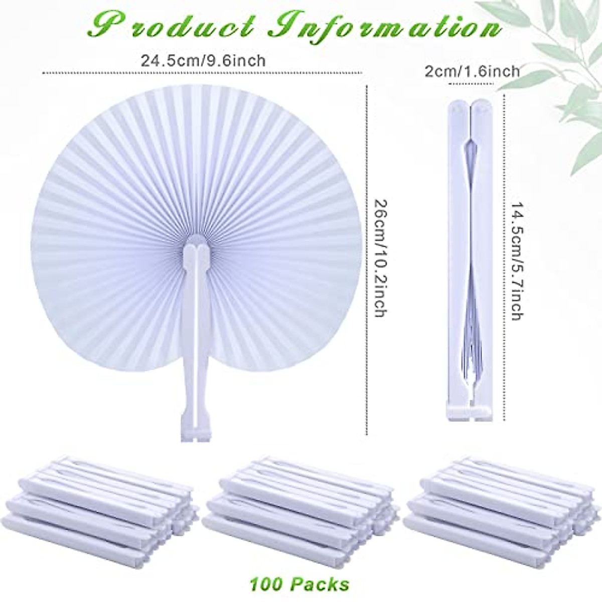 Yulejo White Paper Fans Wedding Fans Round Shaped Folding Fans Plastic Handle for Women Men Guest Wedding Celebration Birthday Party Favor (100 Packs)