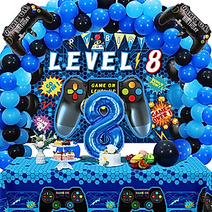 Vlipoeasn 90PCS 8th Birthday Video Game Party Decorations for Boys Set Blue 8th Birthday Supplies -8th Video Game Backdrop, Balloons, Tablecloth, Gamer and 8 Foil Balloons for 8th Birthday Party