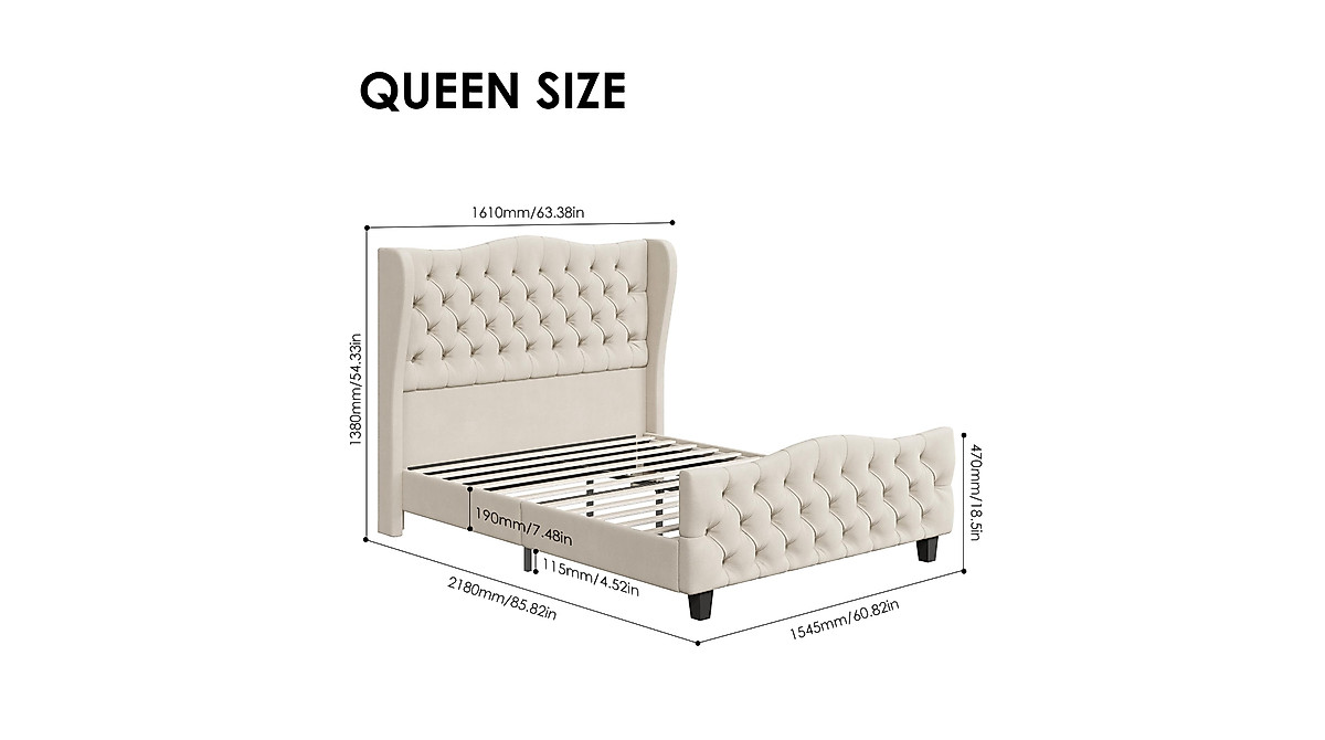 Keyluv Queen Size Velvet Platform Bed Frame with Wingback Headboard