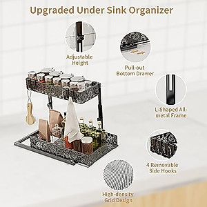 Adjustable Height Under Sink Organizers and Storage, Iirios 2 Pack Metal Slide Out Cabinet Organizer, Under Sink Shelf Cabinet Organizer with Hooks, Multi-Use for for Bathroom Kitchen Organization